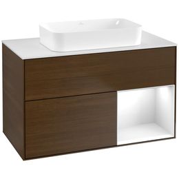Villeroy & Boch Villeroy und Boch Finion Waschtischunterschrank F661GFGN 100x60,3x50,1cm, Regal rechts Glossy white lacquer, Walnut veneer