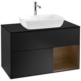 Villeroy & Boch Villeroy und Boch Finion Waschtischunterschrank F782GNPD 100cm, Abdeckplatte black matt, Regale Walnut Veneer, Black matt lacquer