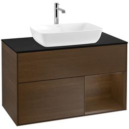 Villeroy & Boch Villeroy und Boch Finion Waschtischunterschrank F782GNGN 100cm, Abdeckplatte black matt, Regale Walnut Veneer, Walnut veneer