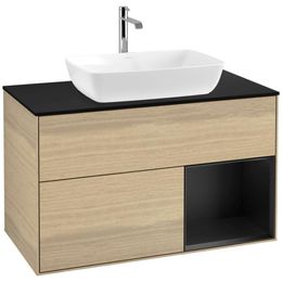 Villeroy & Boch Villeroy und Boch Finion Waschtischunterschrank F782PDPC 100cm, Abdeckplatte black matt, Regale Black matt lacquer, Oak Veneer
