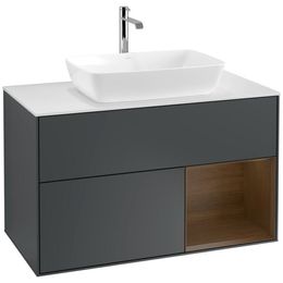 Villeroy & Boch Villeroy und Boch Finion Waschtischunterschrank F781GNHG 100cm, Abdeckplatte white matt, Regale Walnut Veneer, Midnight Blue Matt Lacquer