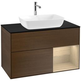 Villeroy & Boch Villeroy und Boch Finion Waschtischunterschrank F782PCGN 100cm, Abdeckplatte black matt, Regale Oak Veneer, Walnut veneer