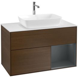 Villeroy & Boch Villeroy und Boch Finion Waschtischunterschrank F781HGGN 100cm, Abdeckplatte white matt, Regale Midnight matt lacquer, Walnut veneer