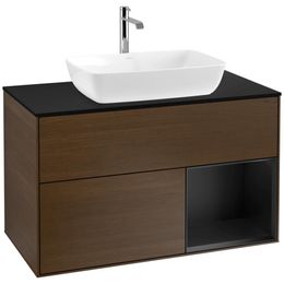 Villeroy & Boch Villeroy und Boch Finion Waschtischunterschrank F782PDGN 100cm, Abdeckplatte black matt, Regale Black matt lacquer, Walnut veneer