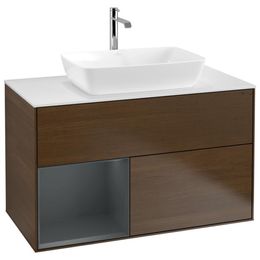 Villeroy & Boch Villeroy und Boch Finion Waschtischunterschrank G771HGGN 100cm, Abdeckplatte white matt, Emotion, Regale Midnight matt lacquer, Walnut veneer