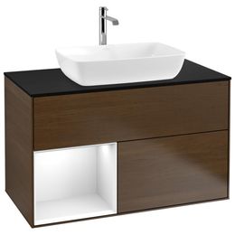 Villeroy & Boch Villeroy und Boch Finion Waschtischunterschrank G772GFGN 100cm, Abdeckplatte black matt, Emotion, Regale Glossy white lacquer, Walnut veneer