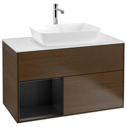 Villeroy & Boch Villeroy und Boch Finion Waschtischunterschrank G771PDGN 100cm, Abdeckplatte white matt, Emotion, Regale Black matt lacquer, Walnut veneer