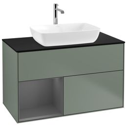 Villeroy & Boch Villeroy und Boch Finion Waschtischunterschrank G772GKGM 100cm, Abdeckplatte black matt, Emotion, Regale Anthracite matt lacquer, Olive Matt Lacquer
