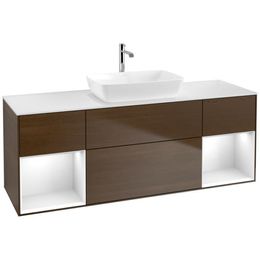 Villeroy & Boch Villeroy und Boch Finion Waschtischunterschrank F861GFGN 160cm, Abdeckplatte white matt, Regale Glossy white lacquer, Walnut veneer