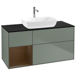 Villeroy & Boch Villeroy und Boch Finion Waschtischunterschrank G822GNGM 120cm, Abdeckplatte black matt, Emotion, Regale Walnut Veneer, Olive Matt Lacquer
