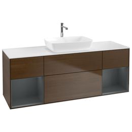 Villeroy & Boch Villeroy und Boch Finion Waschtischunterschrank G861HGGN 160cm, Abdeckplatte white matt, Emotion, Regale Midnight matt lacquer, Walnut veneer