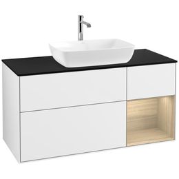 Villeroy & Boch Villeroy und Boch Finion Waschtischunterschrank F832PCGF 120cm, Abdeckplatte black matt, Regale Oak Veneer, Glossy white lacquer