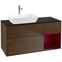 Villeroy & Boch Villeroy und Boch Finion Waschtischunterschrank F812HBGN 120cm, Abdeckplatte black matt, Regale Peony matt lacquer, Walnut veneer