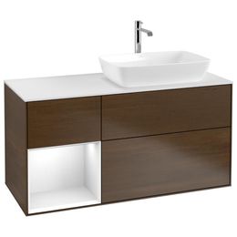 Villeroy & Boch Villeroy und Boch Finion Waschtischunterschrank G801GFGN 120cm, Abdeckplatte white matt, Emotion, Regale Glossy white lacquer, Walnut veneer