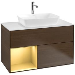 Villeroy & Boch Villeroy und Boch Finion Waschtischunterschrank F771HFGN 100cm, Abdeckplatte white matt, Regale Gold matt lacquer, Walnut veneer