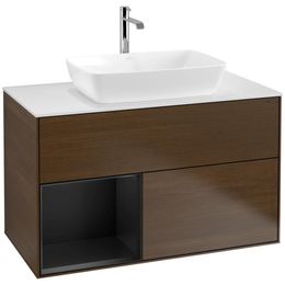 Villeroy & Boch Villeroy und Boch Finion Waschtischunterschrank F771PDGN 100cm, Abdeckplatte white matt, Regale Black matt lacquer, Walnut veneer