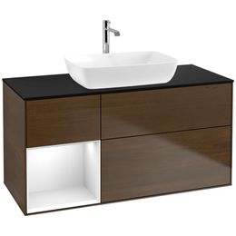 Villeroy & Boch Villeroy und Boch Finion Waschtischunterschrank F822GFGN 120cm, Abdeckplatte black matt, Regale Glossy white lacquer, Walnut veneer