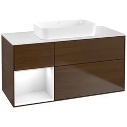 Villeroy & Boch Villeroy und Boch Finion Waschtischunterschrank F701GFGN 120x60,3x50,1cm, Regal links Glossy white lacquer, Walnut veneer