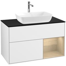 Villeroy & Boch Villeroy und Boch Finion Waschtischunterschrank F782PCGF 100cm, Abdeckplatte black matt, Regale Oak Veneer, Glossy white lacquer