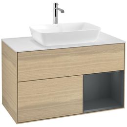 Villeroy & Boch Villeroy und Boch Finion Waschtischunterschrank F781HGPC 100cm, Abdeckplatte white matt, Regale Midnight matt lacquer, Oak Veneer