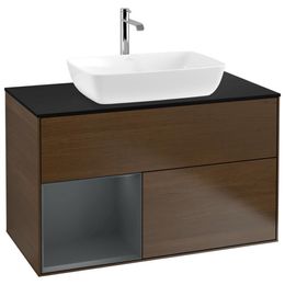 Villeroy & Boch Villeroy und Boch Finion Waschtischunterschrank G772HGGN 100cm, Abdeckplatte black matt, Emotion, Regale Midnight matt lacquer, Walnut veneer