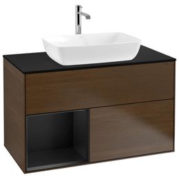 Villeroy & Boch Villeroy und Boch Finion Waschtischunterschrank G772PDGN 100cm, Abdeckplatte black matt, Emotion, Regale Black matt lacquer, Walnut veneer
