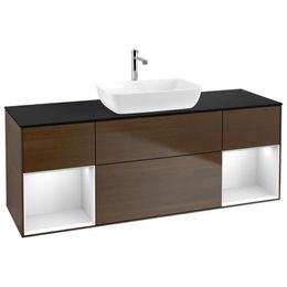 Villeroy & Boch Villeroy und Boch Finion Waschtischunterschrank G862MTGN 160cm, Abdeckplatte black matt, Emotion, Regale White matt lacquer, Walnut veneer