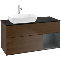 Villeroy & Boch Villeroy und Boch Finion Waschtischunterschrank F812HGGN 120cm, Abdeckplatte black matt, Regale Midnight matt lacquer, Walnut veneer