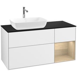 Villeroy & Boch Villeroy und Boch Finion Waschtischunterschrank F812PCGF 120cm, Abdeckplatte black matt, Regale Oak Veneer, Glossy white lacquer