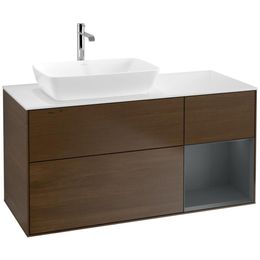 Villeroy & Boch Villeroy und Boch Finion Waschtischunterschrank F811HGGN 120cm, Abdeckplatte white matt, Regale Midnight matt lacquer, Walnut veneer
