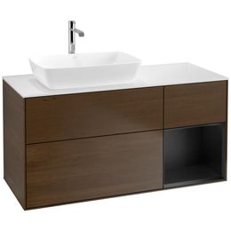 Villeroy & Boch Villeroy und Boch Finion Waschtischunterschrank F811PDGN 120cm, Abdeckplatte white matt, Regale Black matt lacquer, Walnut veneer