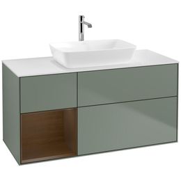 Villeroy & Boch Villeroy und Boch Finion Waschtischunterschrank F821GNGM 120cm, Abdeckplatte white matt, Regale Walnut Veneer, Olive Matt Lacquer