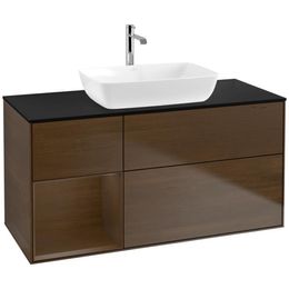 Villeroy & Boch Villeroy und Boch Finion Waschtischunterschrank F822GNGN 120cm, Abdeckplatte black matt, Regale Walnut Veneer, Walnut veneer