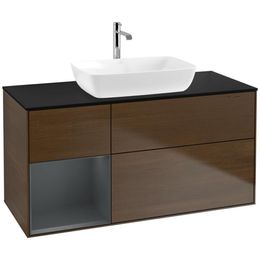 Villeroy & Boch Villeroy und Boch Finion Waschtischunterschrank F822HGGN 120cm, Abdeckplatte black matt, Regale Midnight matt lacquer, Walnut veneer