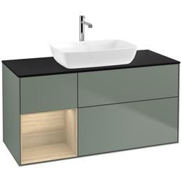Villeroy & Boch Villeroy und Boch Finion Waschtischunterschrank F822PCGM 120cm, Abdeckplatte black matt, Regale Oak Veneer, Olive Matt Lacquer