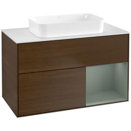Villeroy & Boch Villeroy und Boch Finion Waschtischunterschrank F661GMGN 100x60,3x50,1cm, Regal rechts Olive Matt Lacquer, Walnut veneer