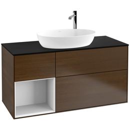 Villeroy & Boch Villeroy und Boch Finion Waschtischunterschrank F942GFGN 120cm, Abdeckplatte black matt, Regale Glossy white lacquer, Walnut veneer