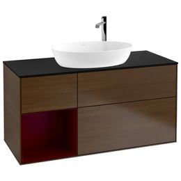 Villeroy & Boch Villeroy und Boch Finion Waschtischunterschrank F942HBGN 120cm, Abdeckplatte black matt, Regale Peony matt lacquer, Walnut veneer
