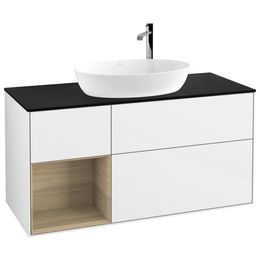 Villeroy & Boch Villeroy und Boch Finion Waschtischunterschrank F942PCGF 120cm, Abdeckplatte black matt, Regale Oak Veneer, Glossy white lacquer