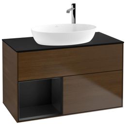 Villeroy & Boch Villeroy und Boch Finion Waschtischunterschrank F892PDGN 100cm, Abdeckplatte black matt, Regale Black matt lacquer, Walnut veneer