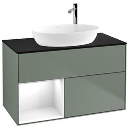 Villeroy & Boch Villeroy und Boch Finion Waschtischunterschrank F892GFGM 100cm, Abdeckplatte black matt, Regale Glossy white lacquer, Olive Matt Lacquer