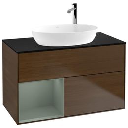 Villeroy & Boch Villeroy und Boch Finion Waschtischunterschrank F892GMGN 100cm, Abdeckplatte black matt, Regale Olive matt lacquer, Walnut veneer