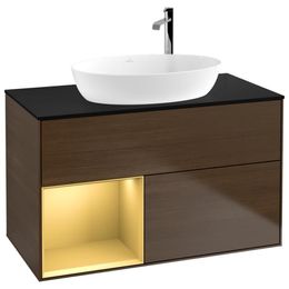Villeroy & Boch Villeroy und Boch Finion Waschtischunterschrank F892HFGN 100cm, Abdeckplatte black matt, Regale Gold matt lacquer, Walnut veneer