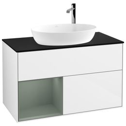 Villeroy & Boch Villeroy und Boch Finion Waschtischunterschrank G892GMGF 100cm, Abdeckplatte black matt, Emotion, Regale Olive matt lacquer, Glossy white lacquer