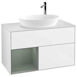 Villeroy & Boch Villeroy und Boch Finion Waschtischunterschrank G891GMGF 100cm, Abdeckplatte white matt, Emotion, Regale Olive matt lacquer, Glossy white lacquer