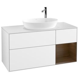 Villeroy & Boch Villeroy und Boch Finion Waschtischunterschrank F951GNGF 120cm, Abdeckplatte white matt, Regale Walnut Veneer, Glossy white lacquer