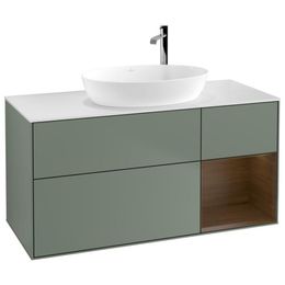 Villeroy & Boch Villeroy und Boch Finion Waschtischunterschrank F951GNGM 120cm, Abdeckplatte white matt, Regale Walnut Veneer, Olive Matt Lacquer