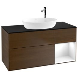 Villeroy & Boch Villeroy und Boch Finion Waschtischunterschrank G952GFGN 120cm, Abdeckplatte black matt, Emotion, Regale Glossy white lacquer, Walnut veneer