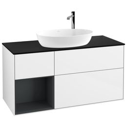 Villeroy & Boch Villeroy und Boch Finion Waschtischunterschrank G942HGGF 120cm, Abdeckplatte black matt, Emotion, Regale Midnight matt lacquer, Glossy white lacquer
