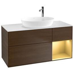 Villeroy & Boch Villeroy und Boch Finion Waschtischunterschrank G951HFGN 120cm, Abdeckplatte white matt, Emotion, Regale Gold matt lacquer, Walnut veneer